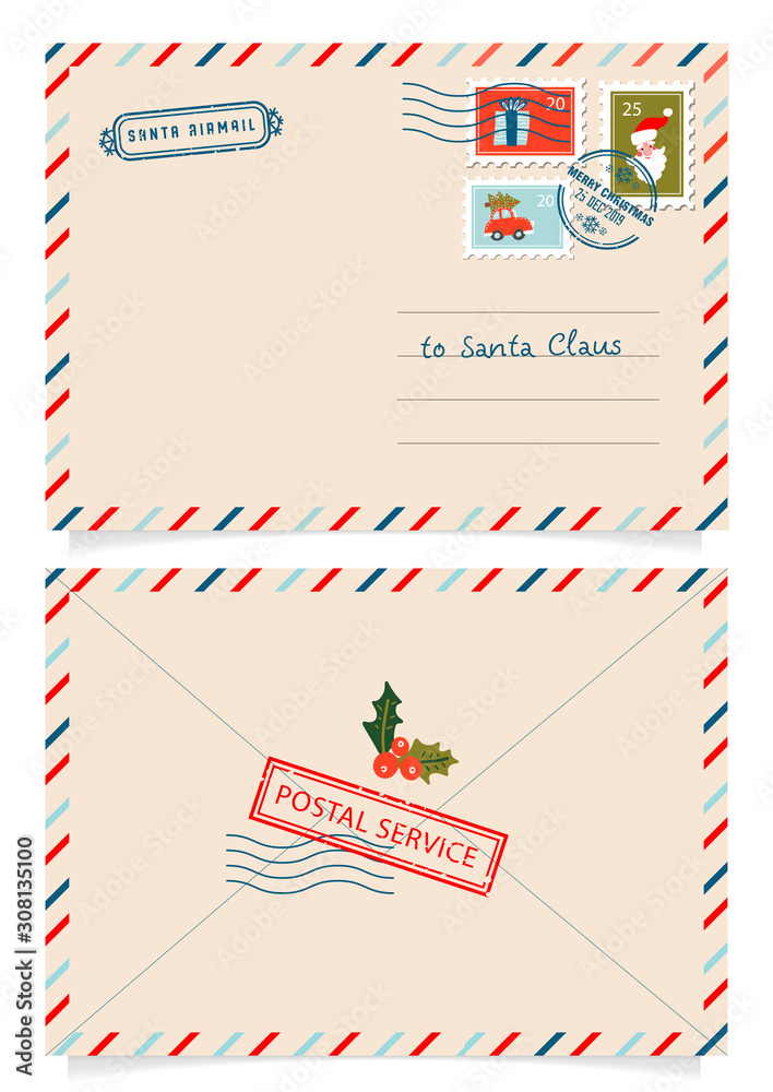 Letter to Santa Claus with stamps and postage marks. Dear santa claus ...