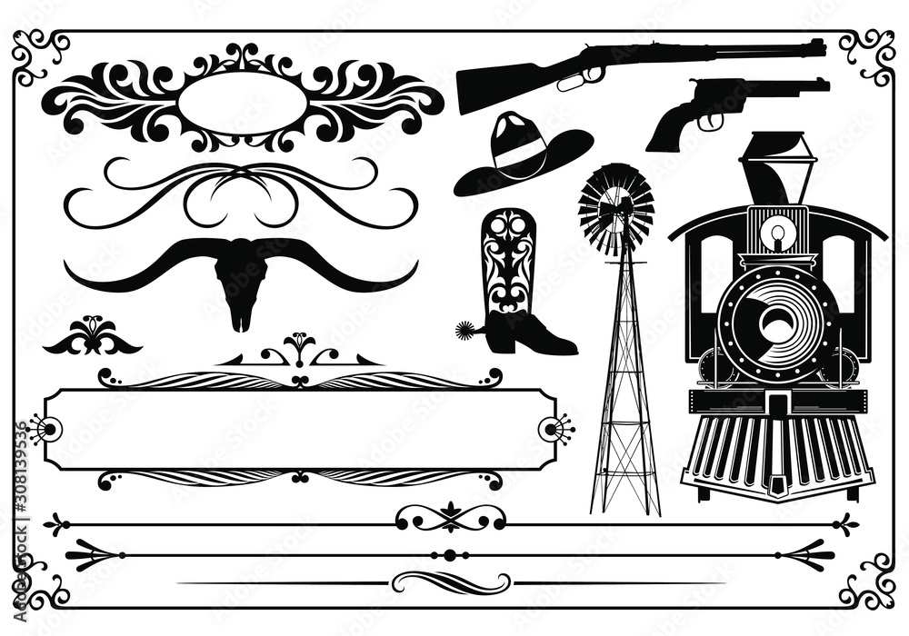 Vector black & white wild west themed design elements. Stock Vector ...