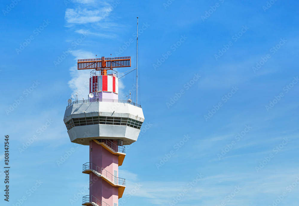 Radar air traffic control tower in international airport while airplane ...