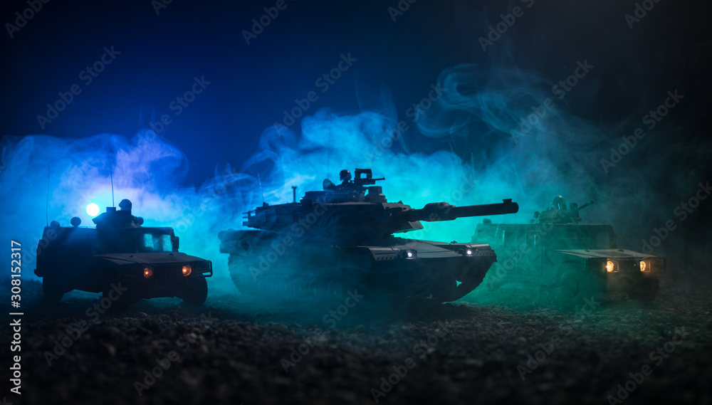 Military patrol car on sunset background. Army war concept. Silhouette ...