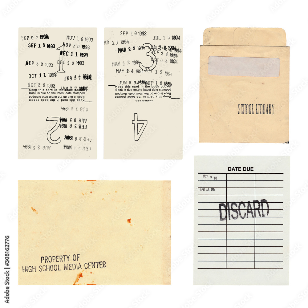 Set of Library Cards with a Vintage High School Media Center Book Page ...