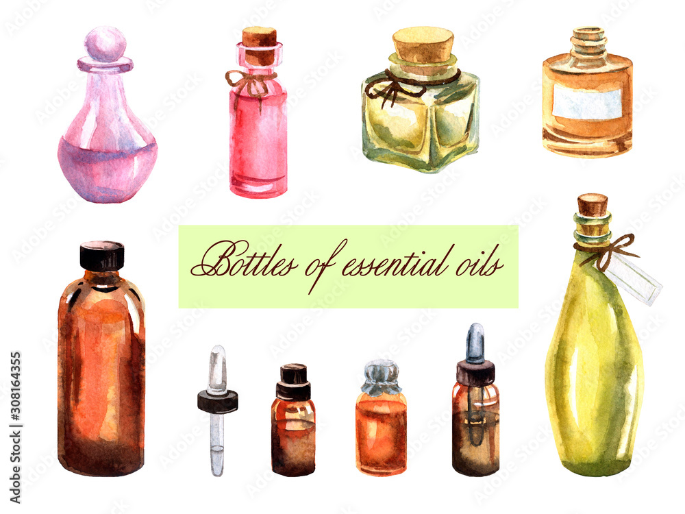 Watercolor set with bottles of essential oils Stock Illustration ...