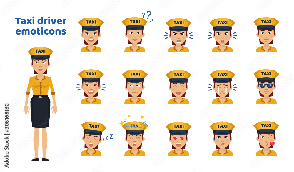 Big set of female taxi driver emoticons. Taxi driver emojis showing ...