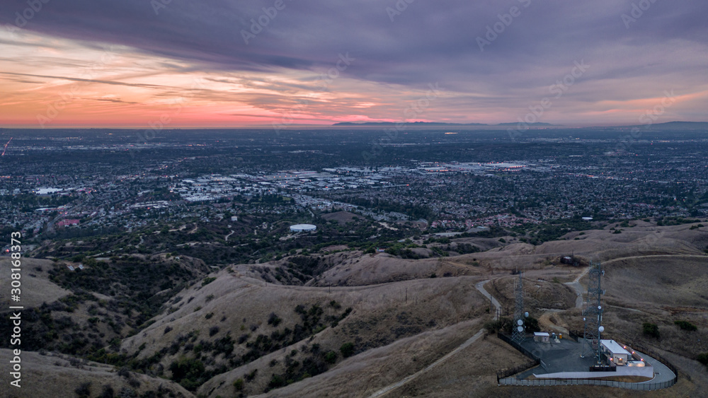 Aerial view of open rolling hills in suburban Southern California ...