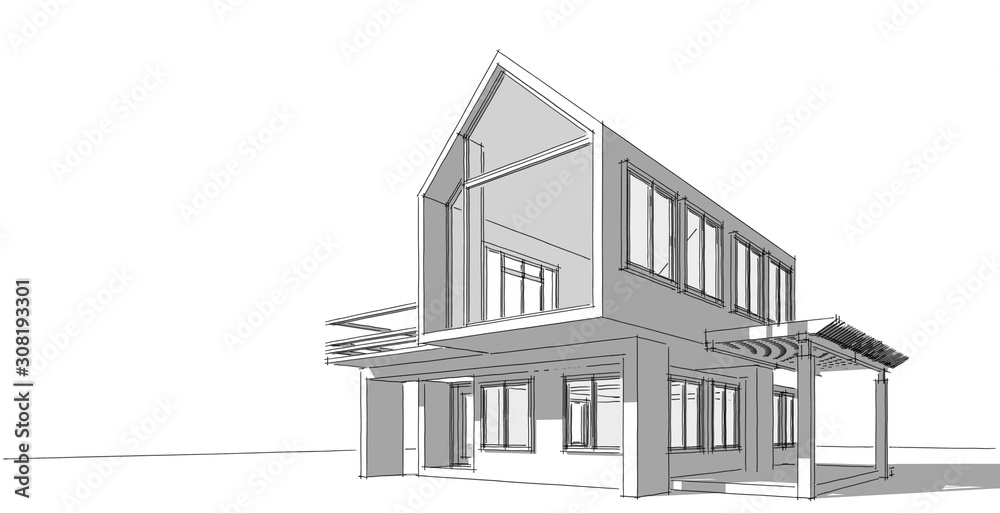 Architectural sketch line, House design work free hands drawing ...