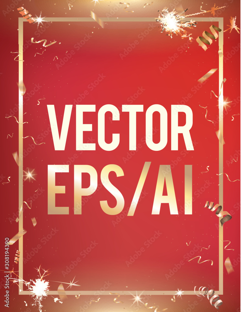 Vector red gradient party celebration background, gold confetti, border ...