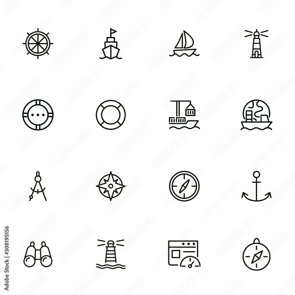 Ocean port line icon set. Boat, ship, lighthouse, compass. Marine ...