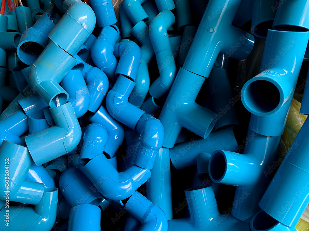 Blue pvc plastic pipe elbow 90 degree connect fitting and T-joint ...