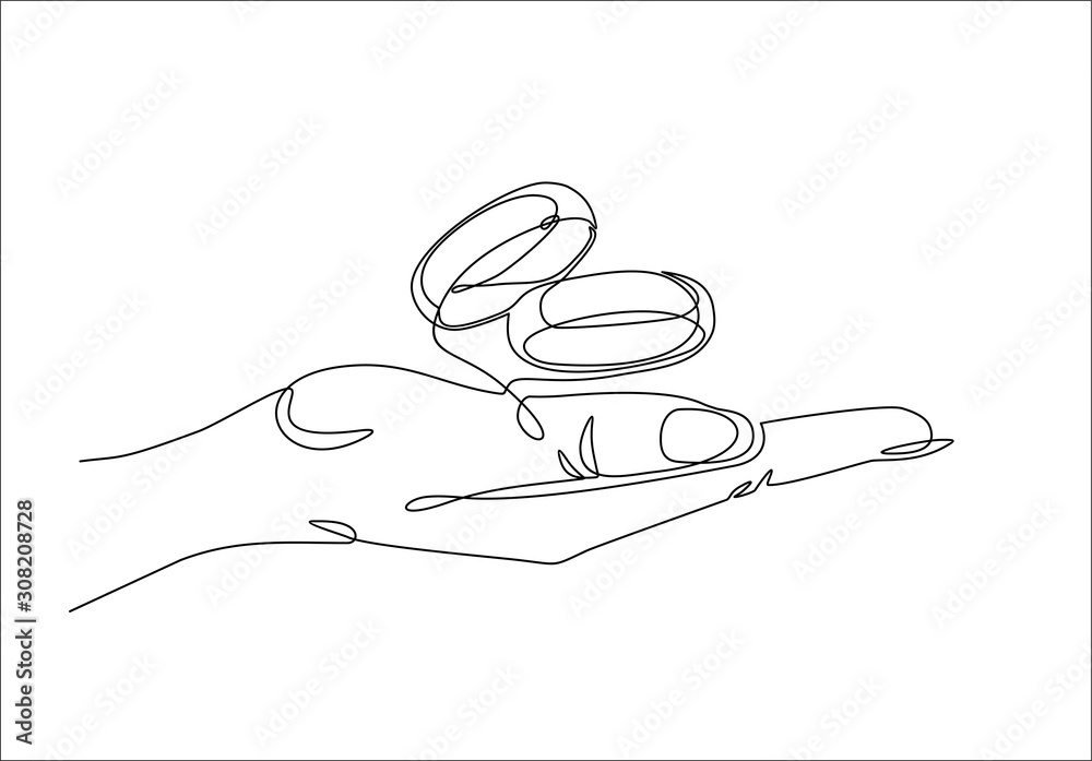 One continuous line drawing of hand holding Wedding rings. Vector ...
