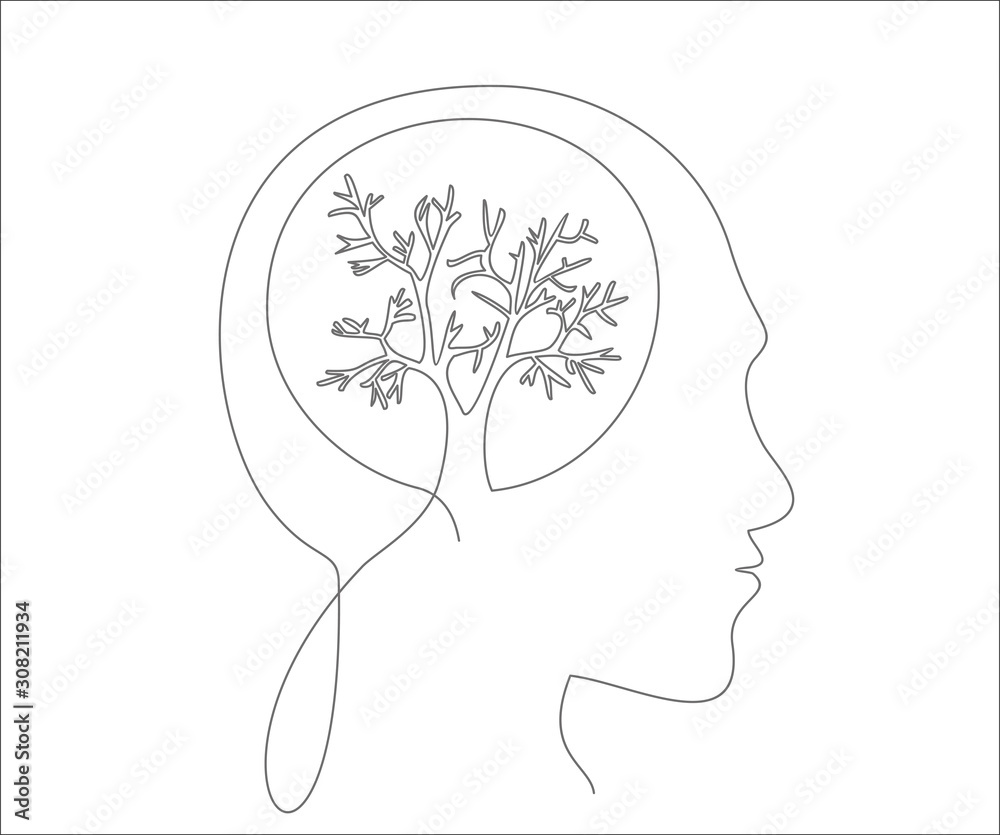 Tree brain concept. Continuous one line drawing of human head with a ...