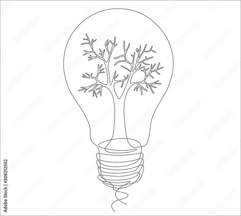 Continuous one line drawing of Light bulb with tree inside. Ecology ...