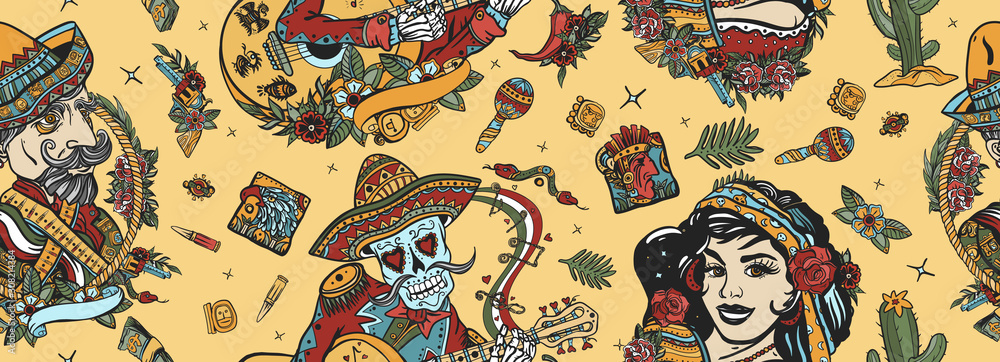 Mexico. Seamless pattern. Skeleton with guitar, mexican woman, bandit ...