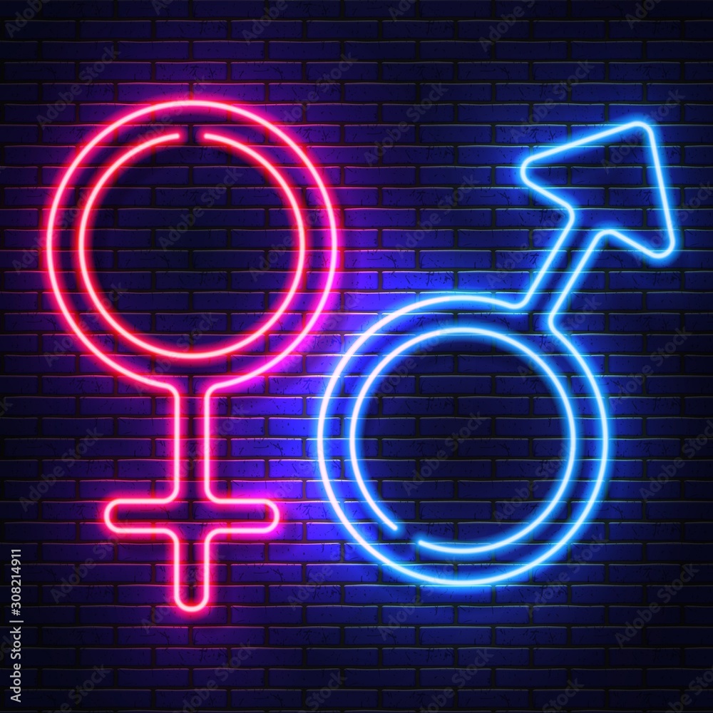 Neon male and female symbols. Neon signs of Venus and Mars. Stock ...