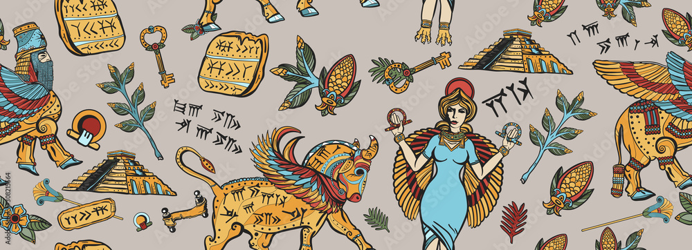 Ancient Sumerian Civilization. Seamless pattern. Assyrian culture ...