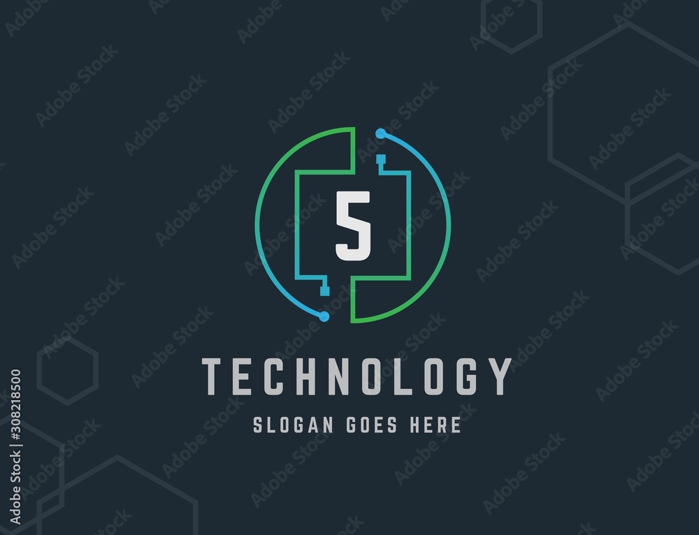 Circle circuit tech network with number 5 logo design Stock Vector ...