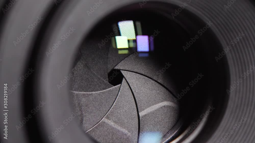 Close up shot lens front side exposed aperture blades diaphragm f stop ...