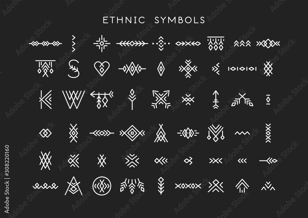 Vector set of line art symbols for logo design and lettering in boho ...