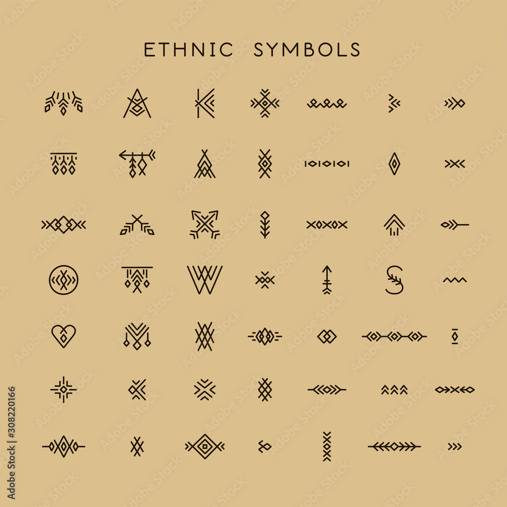 Vector set of line art symbols for logo design and lettering in boho ...
