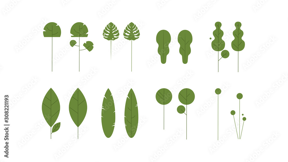 Collection of green plants. Elements for design. Vector flat brush ...