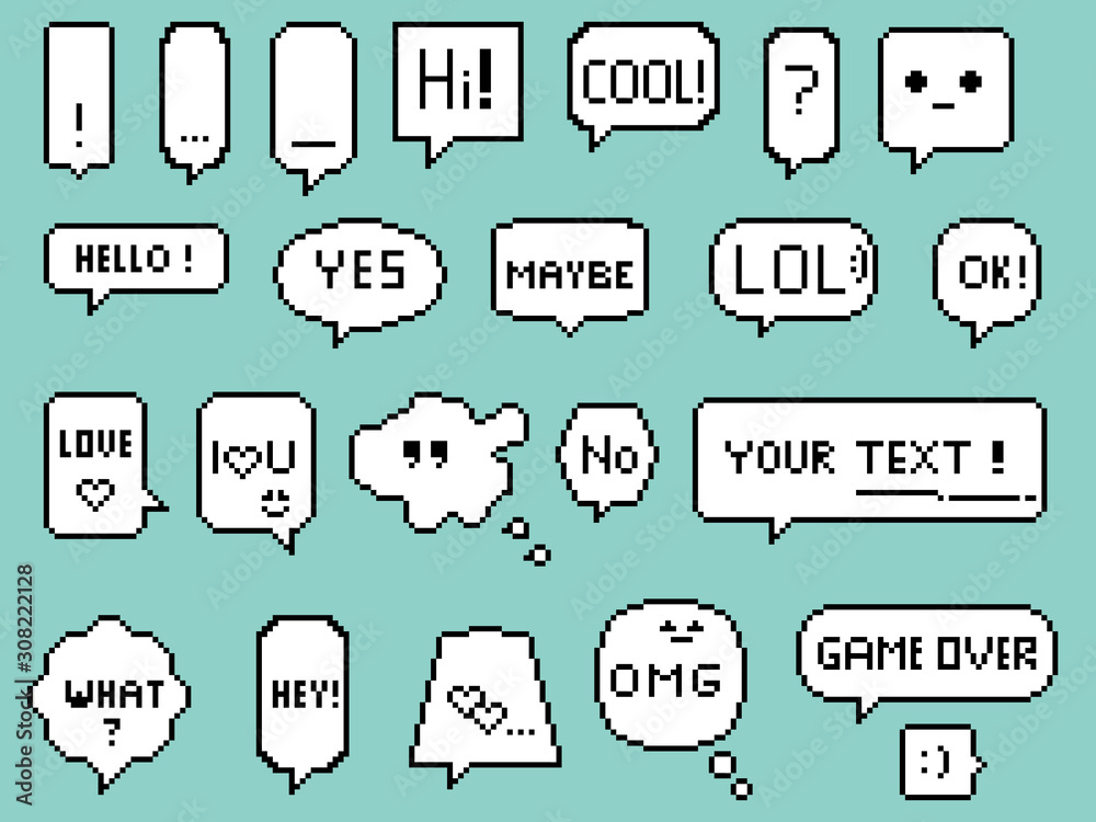 Set of white speech bubbles with text. Pixel art. 8 bit. Stock Vector ...