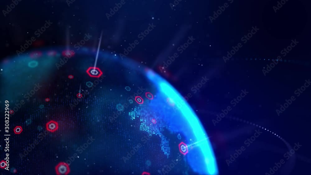 Spinning globe world map and hexagon shape with particle and lighting ...