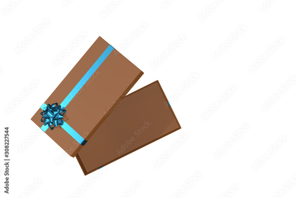 Top view of open brown gift box with azure blue ribbon isolated on ...