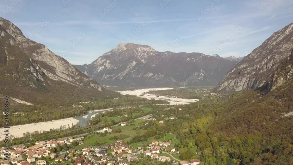 Aerial view of a small historic town Venzone in Northern Italy with red ...