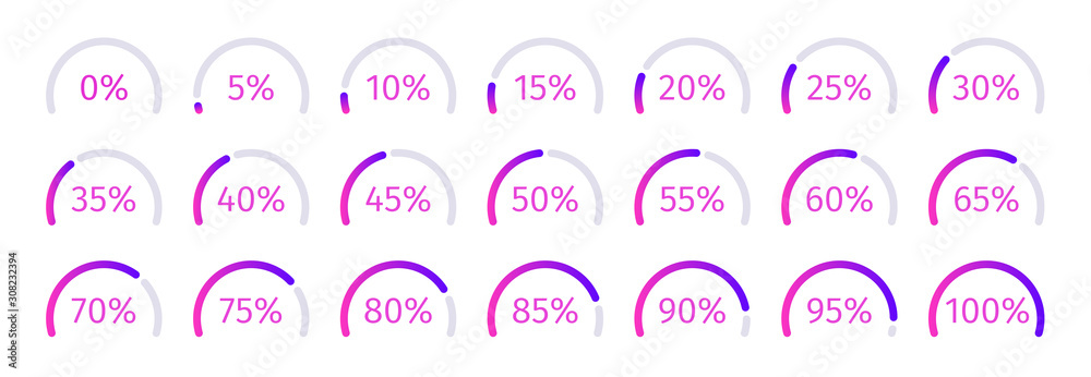 Modern Set of purple gradient semicircle percentage diagrams for ...