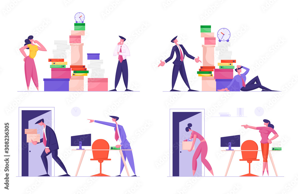 Set of Businesspeople Busy Work and Dismissal Situation. Fired Man ...