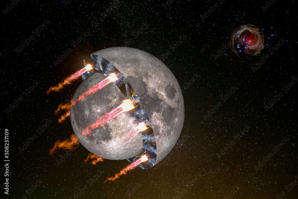 Halves of the moon as a spaceship, sci fi futuristic object propelled ...