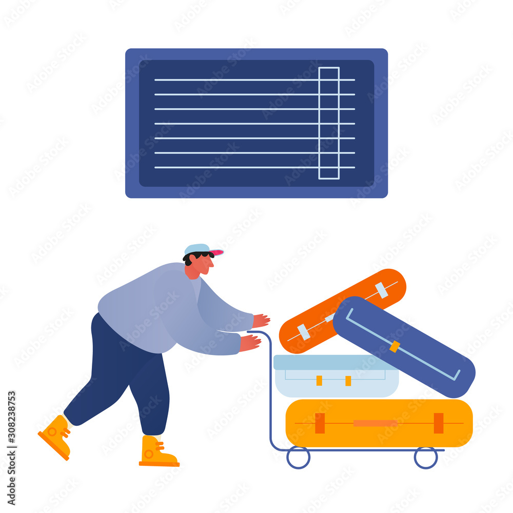 Man Loader Pushing Trolley with Luggage for Loading in Airplane ...