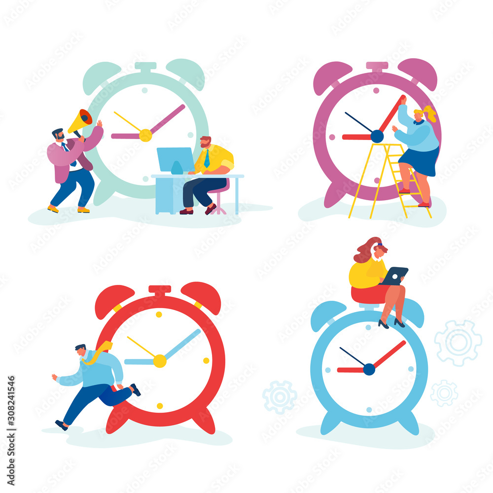 Set of Businesspeople and Huge Clock. Business Woman Sitting on Top ...