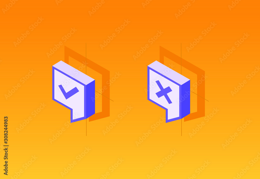 Check mark, isometric flat design infographic on colored background ...