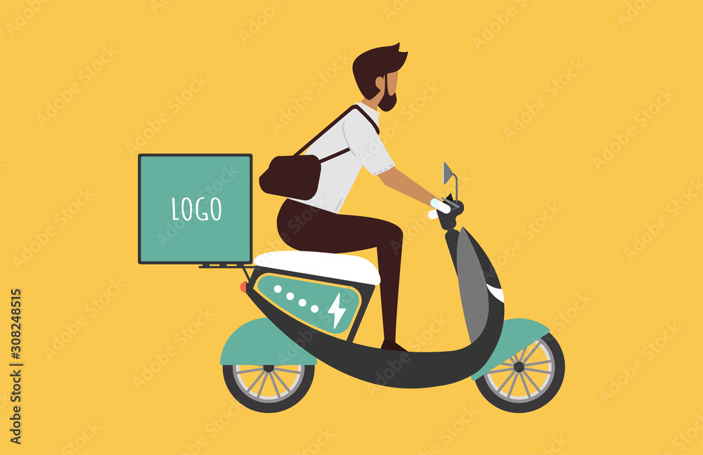 Cartoon picture with man riding fast modern electric moto. Enjoying ...