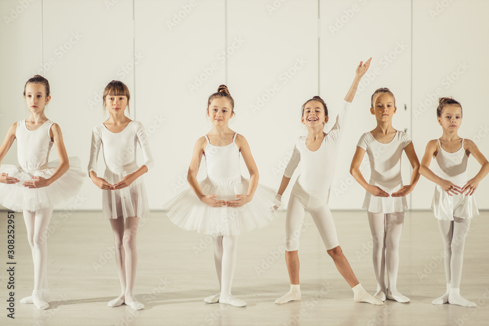 beautiful caucasian little girls ballerinas stand in a row in a ...