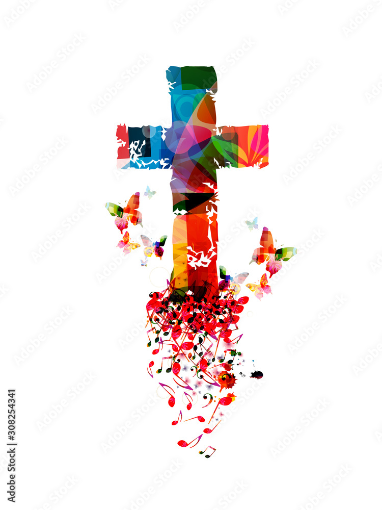 Colorful christian cross with music notes isolated vector illustration ...