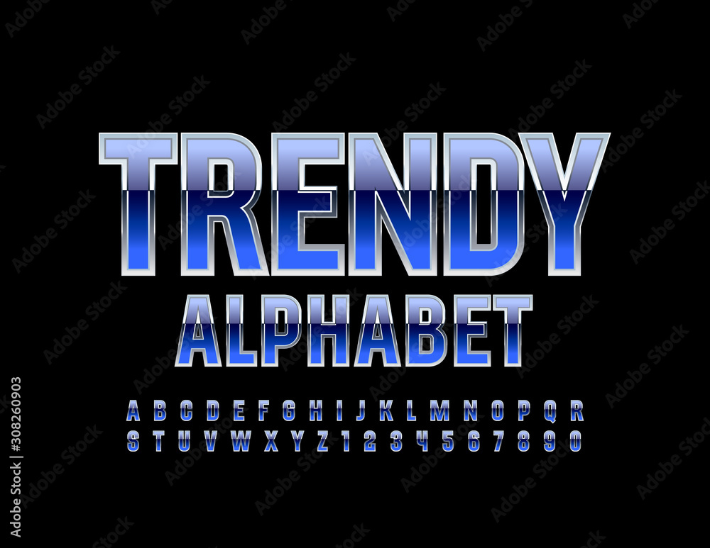 Vector trendy Alphabet. Blue and Silver chic Font. Shiny Letters ...