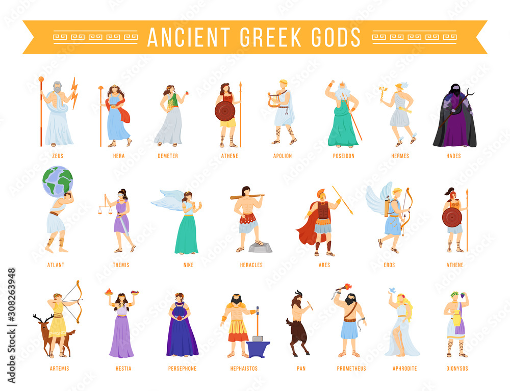 Ancient Greek pantheon gods and goddesses flat vector illustrations set ...
