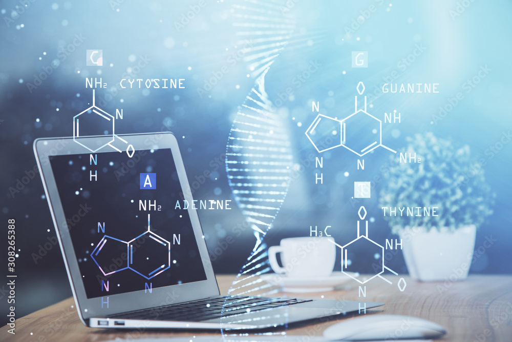 Desktop computer background and DNA drawing. Double exposure. Science ...