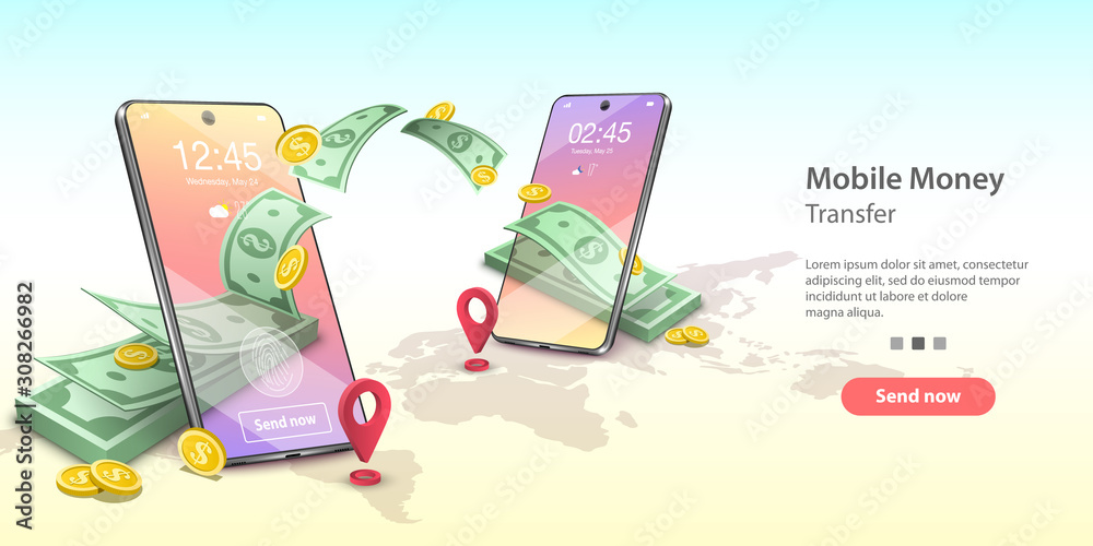 Vector concept illustration of mobile money transfer. Two smartphones ...