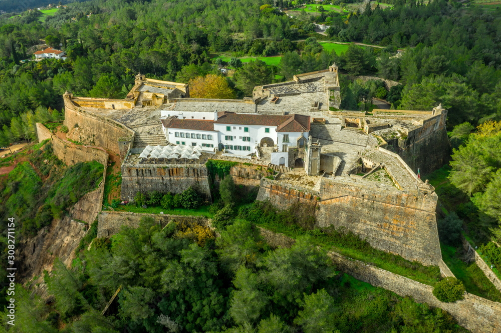 Aerial view of fortress Sao Felipe in Setubal Portugal, star shaped ...