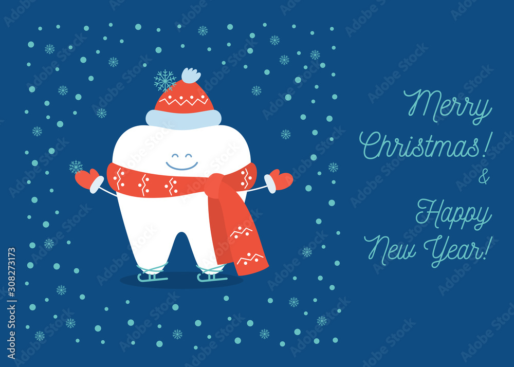 Tooth is wearing in a red hat, scarf, gloves and skates, illustration ...