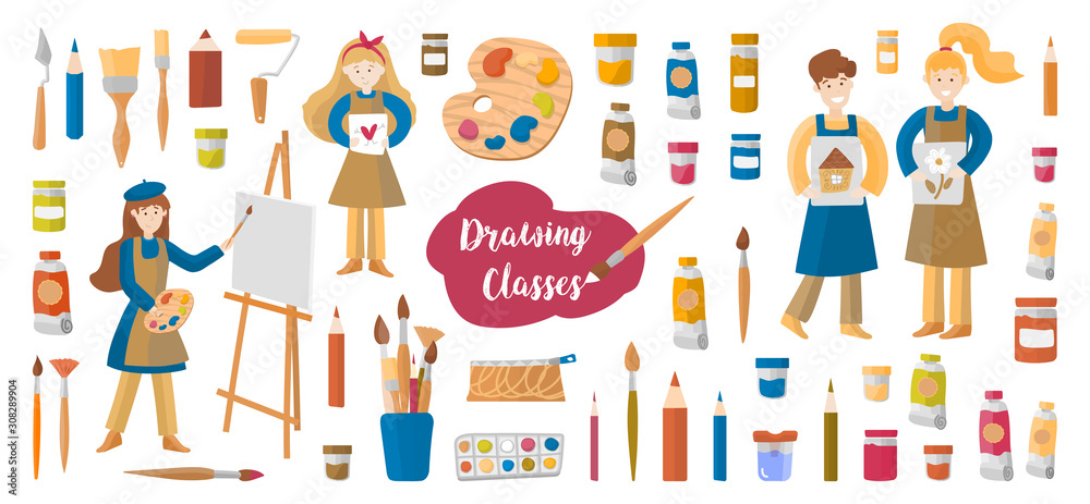 Drawing classes flat mega vector set with artists, paints, brushes ...