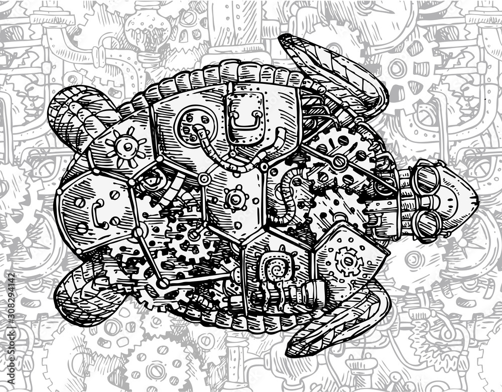Mechanical turtle. Hand drawn vector steampunk illustration Stock ...