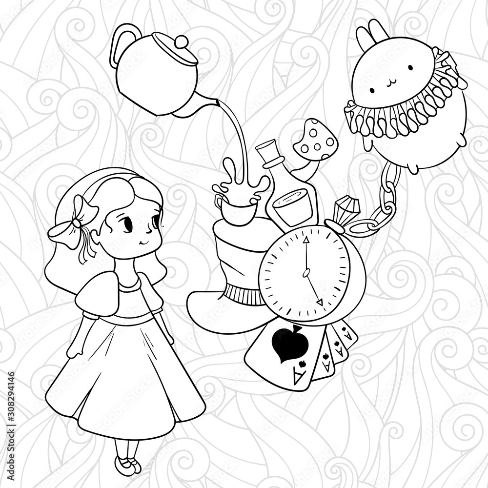 Doodle illustration of Alice in Wonderland. Monochrome art with Alice ...