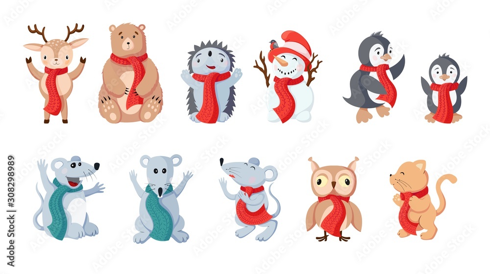 Cartoon animals set. New year collection. Coloring book pages for kids ...