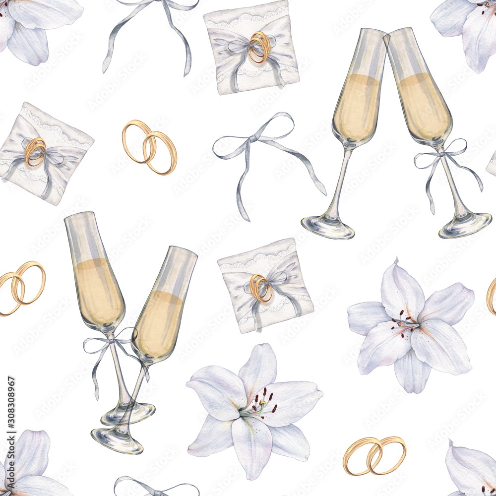 Wedding seamless pattern. Watercolor illustration. Hand drawing ...