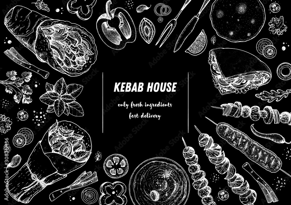 Doner kebab and ingredients for kebab, sketch illustration. Arabic ...