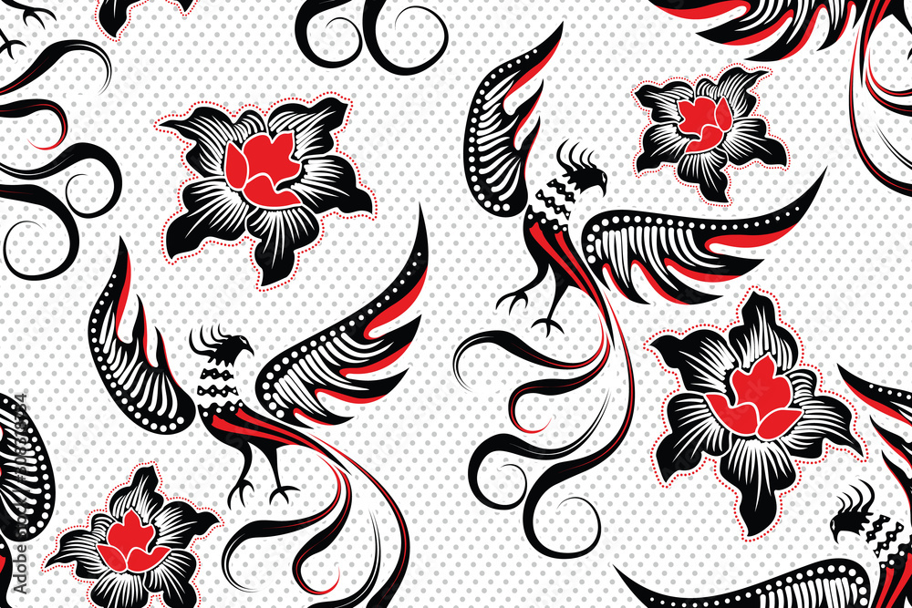 Seamless pattern with phoenix vector Illustration, Indonesian batik ...