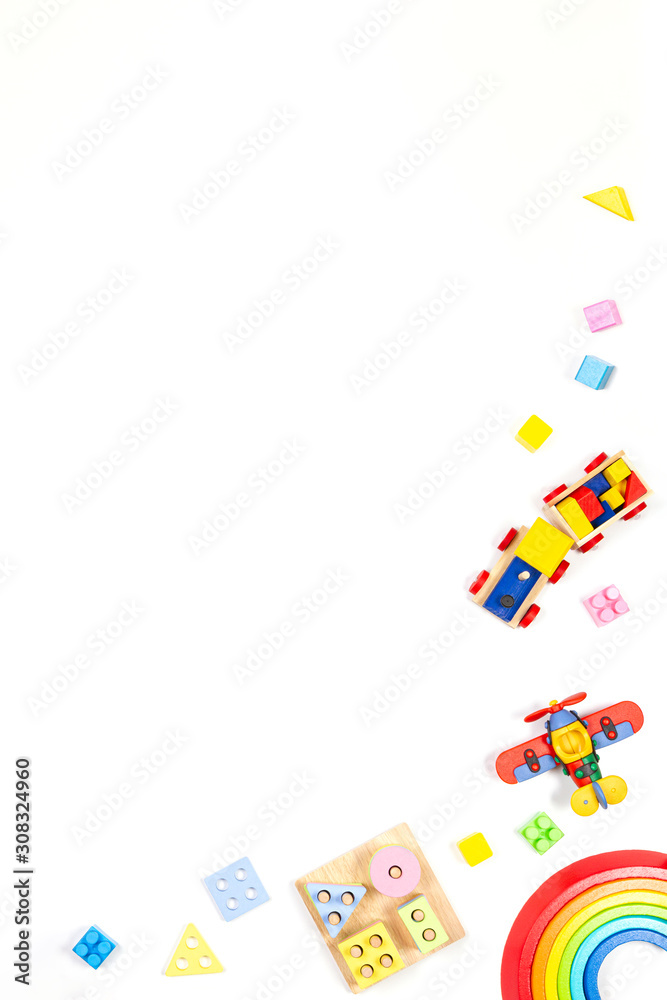 Baby kids toys background. Wooden educational geometric stacking blocks ...